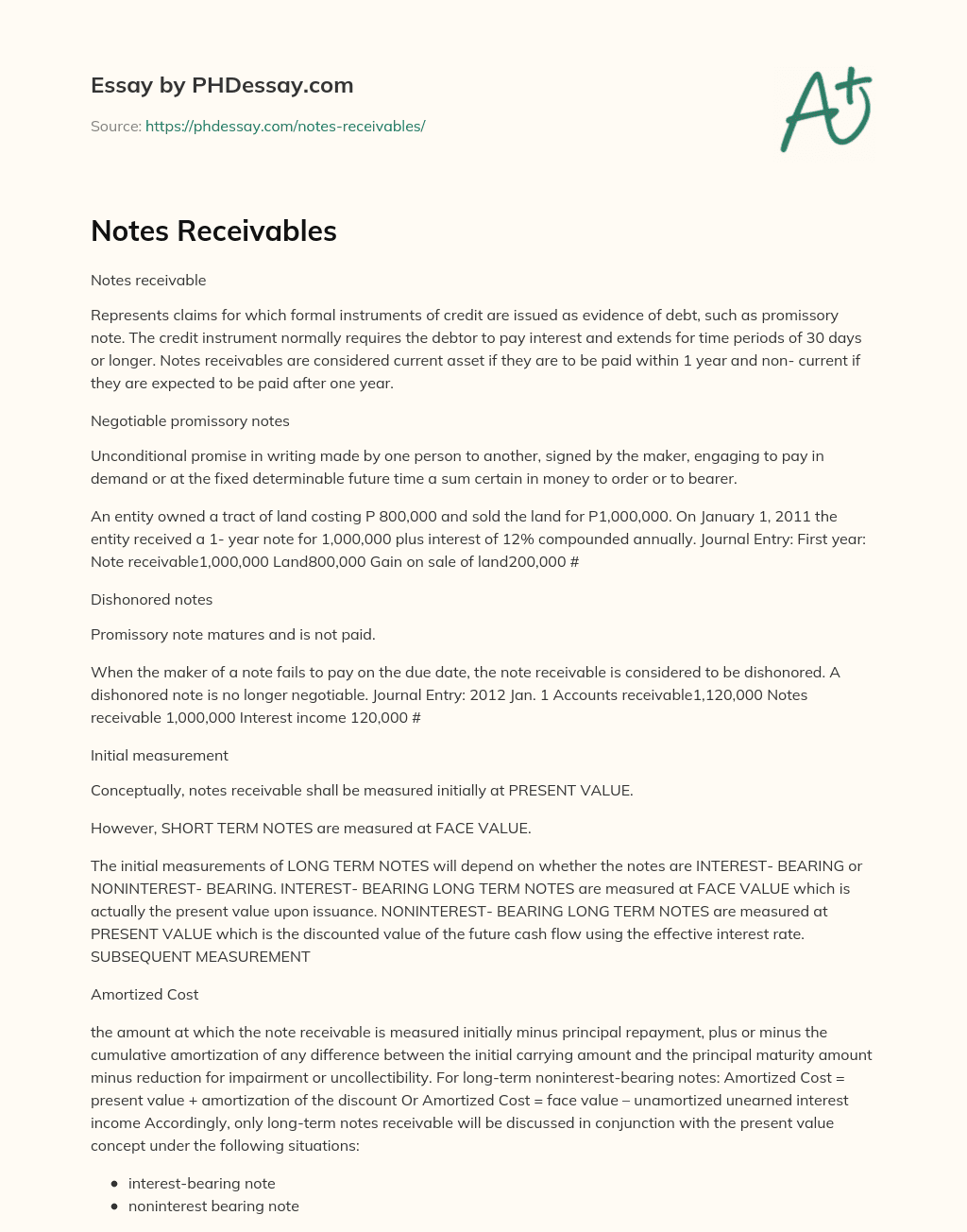 Notes Receivables (400 Words) - PHDessay.com