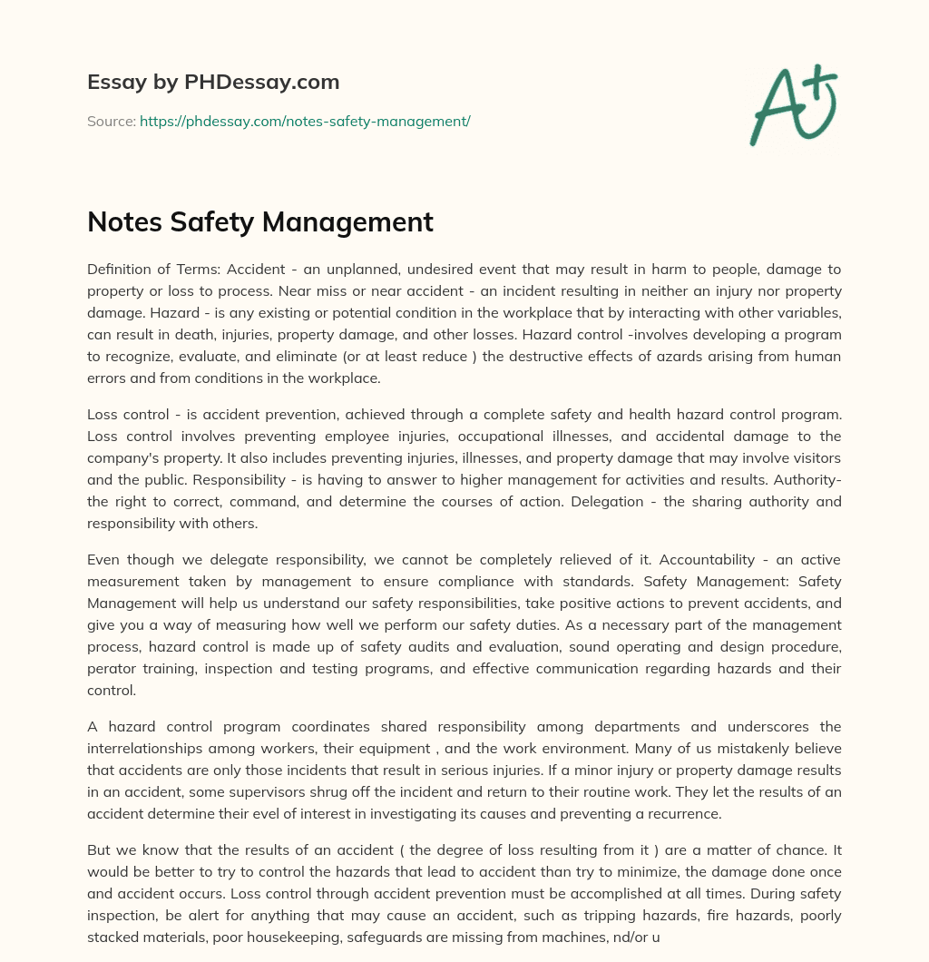 Notes Safety Management (600 Words) - PHDessay.com