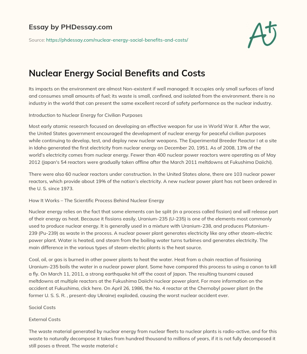 Nuclear Energy Social Benefits and Costs - PHDessay.com