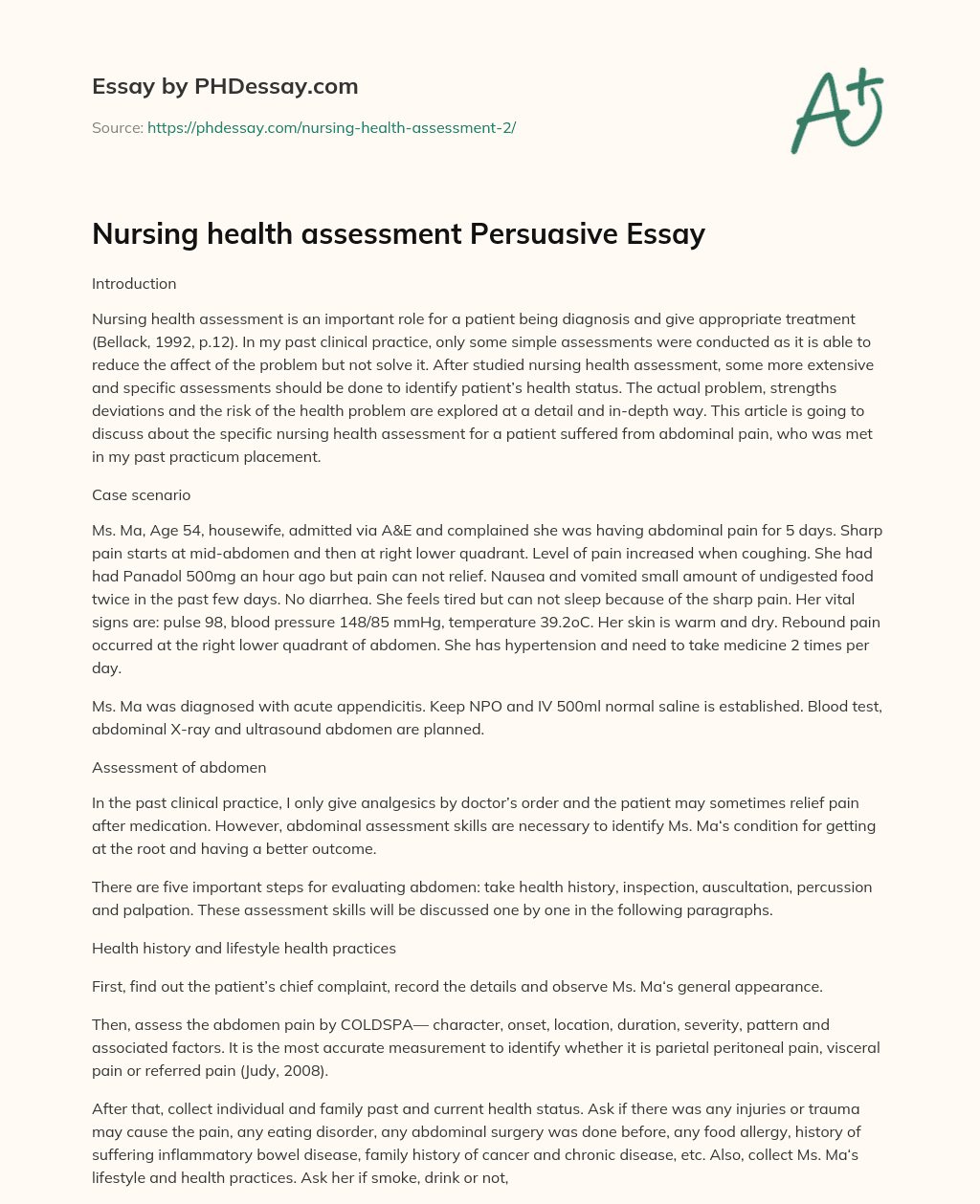 Nursing Health Assessment Persuasive Essay Sample PHDessay