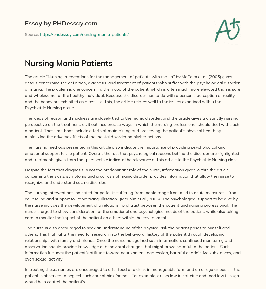Nursing Mania Patients - PHDessay.com