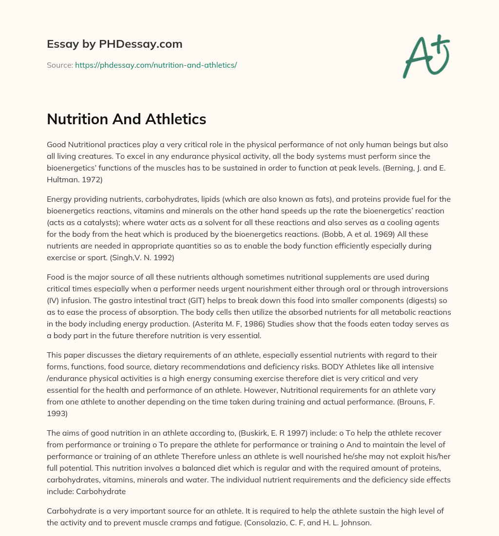Nutrition And Athletics - PHDessay.com
