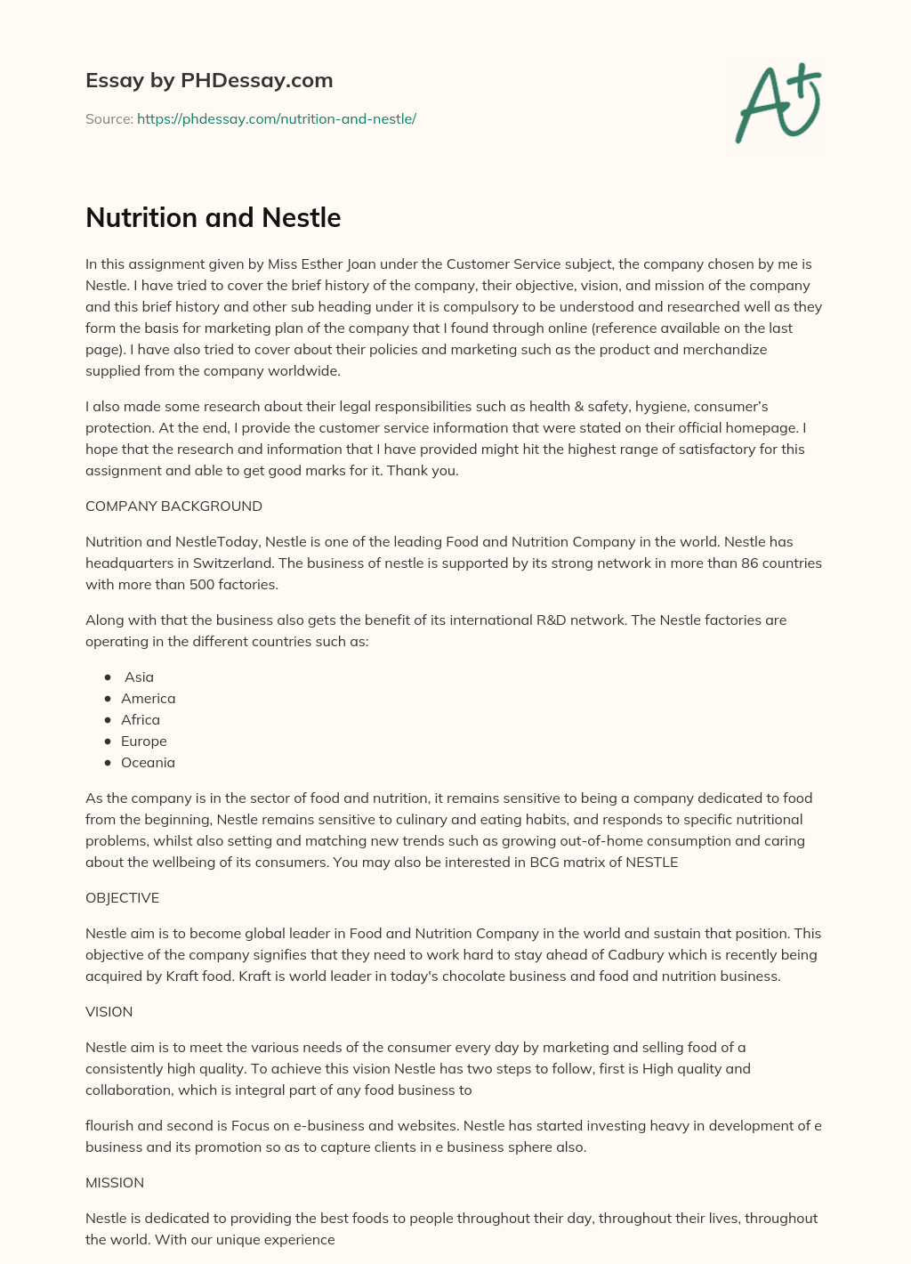 Nutrition and Nestle - PHDessay.com