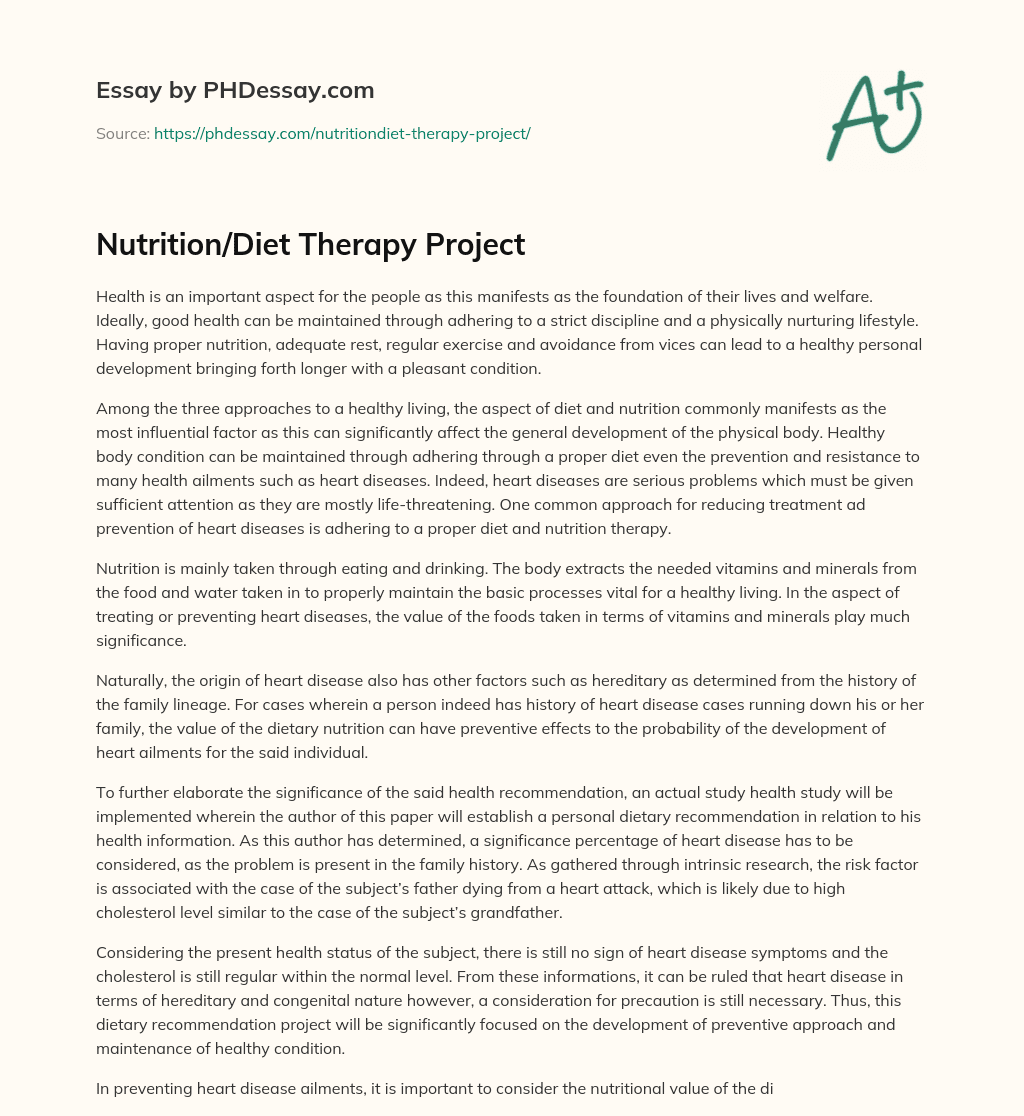 NutritionDiet Therapy Project Essay Example - PHDessay.com