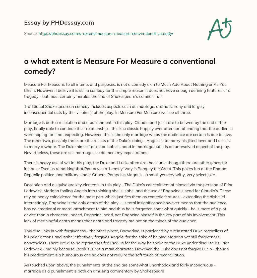 o what extent is Measure For Measure a conventional comedy? - PHDessay.com