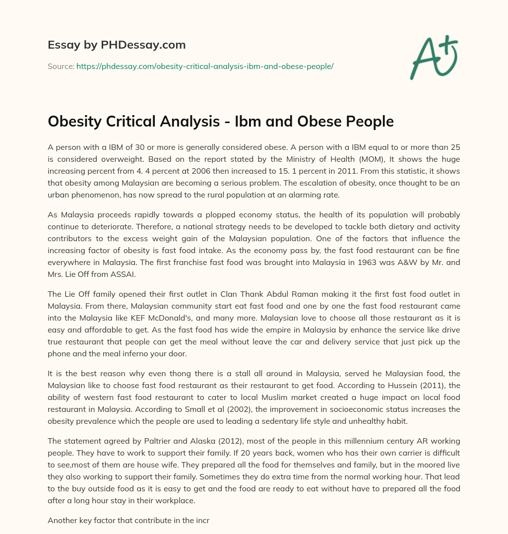 Obesity Critical Analysis - Ibm and Obese People - PHDessay.com