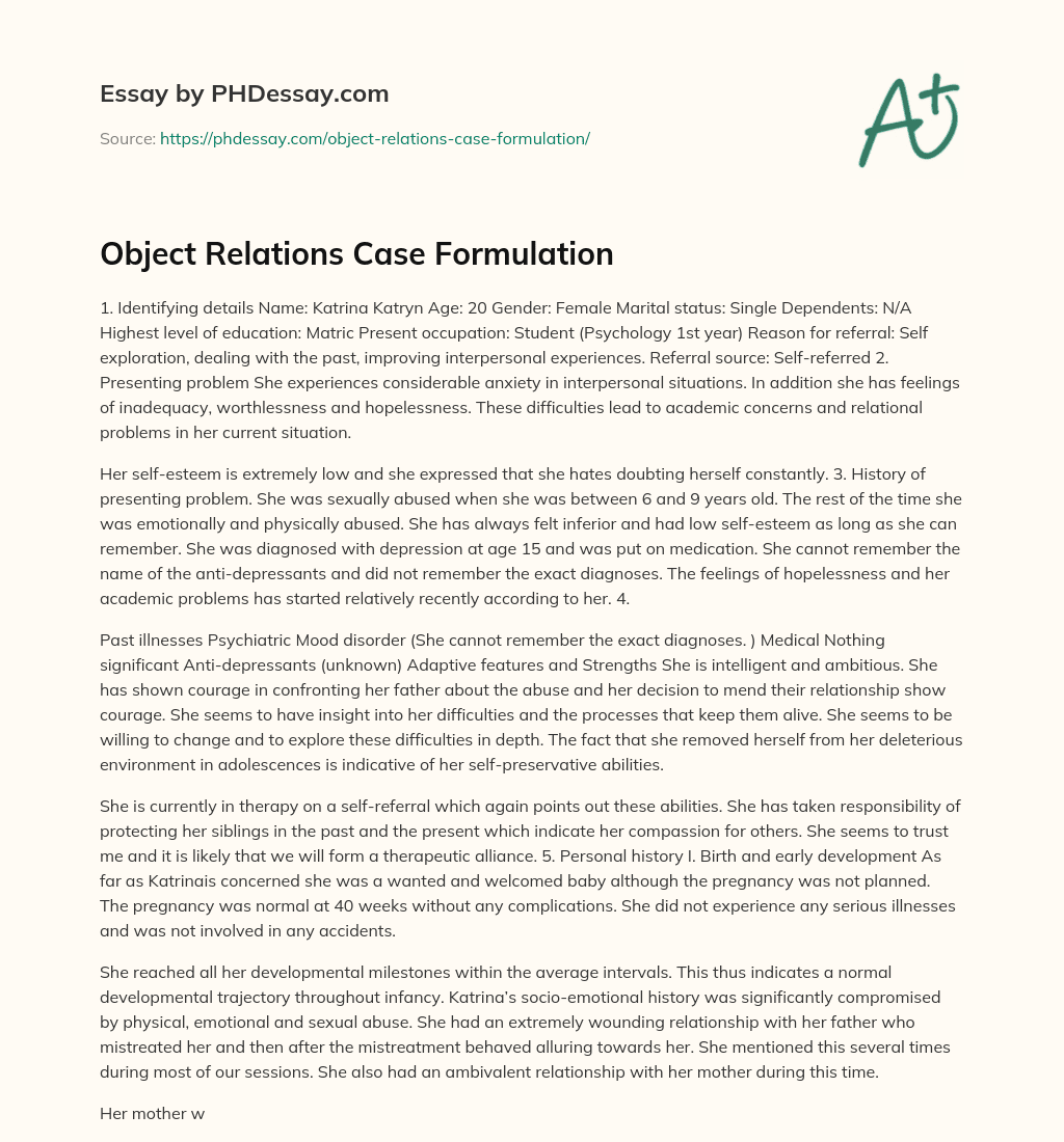 Object Relations Case Formulation - PHDessay.com
