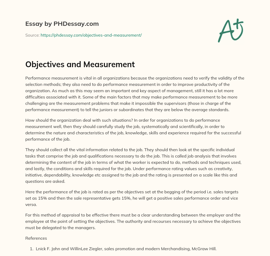 Objectives and Measurement (400 Words) - PHDessay.com