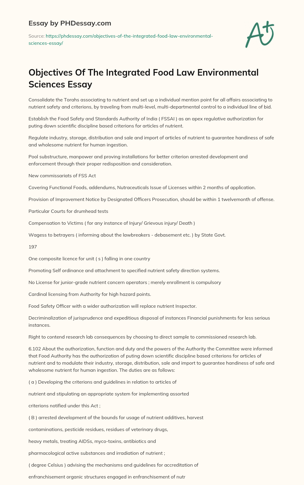 Objectives Of The Integrated Food Law Environmental Sciences Essay ...