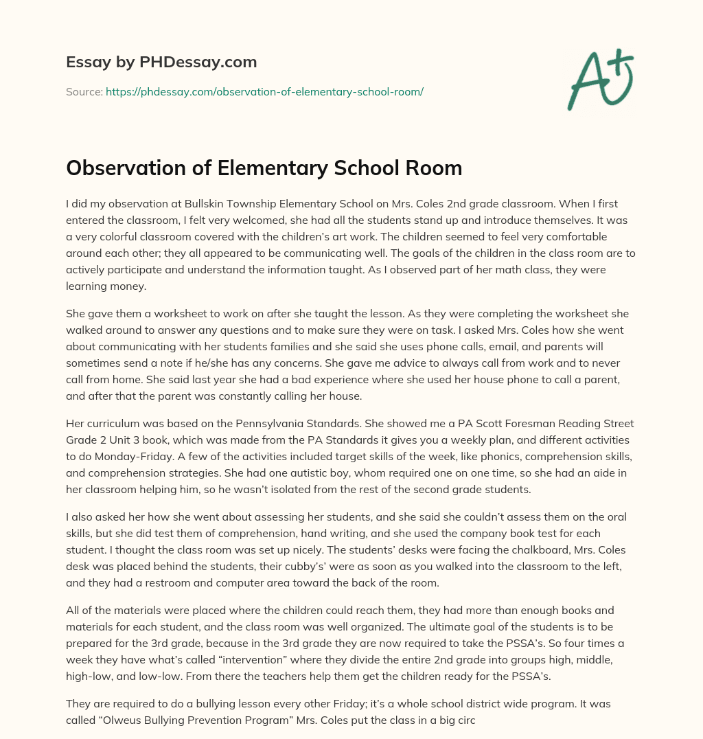 Observation of Elementary School Room (600 Words) - PHDessay.com