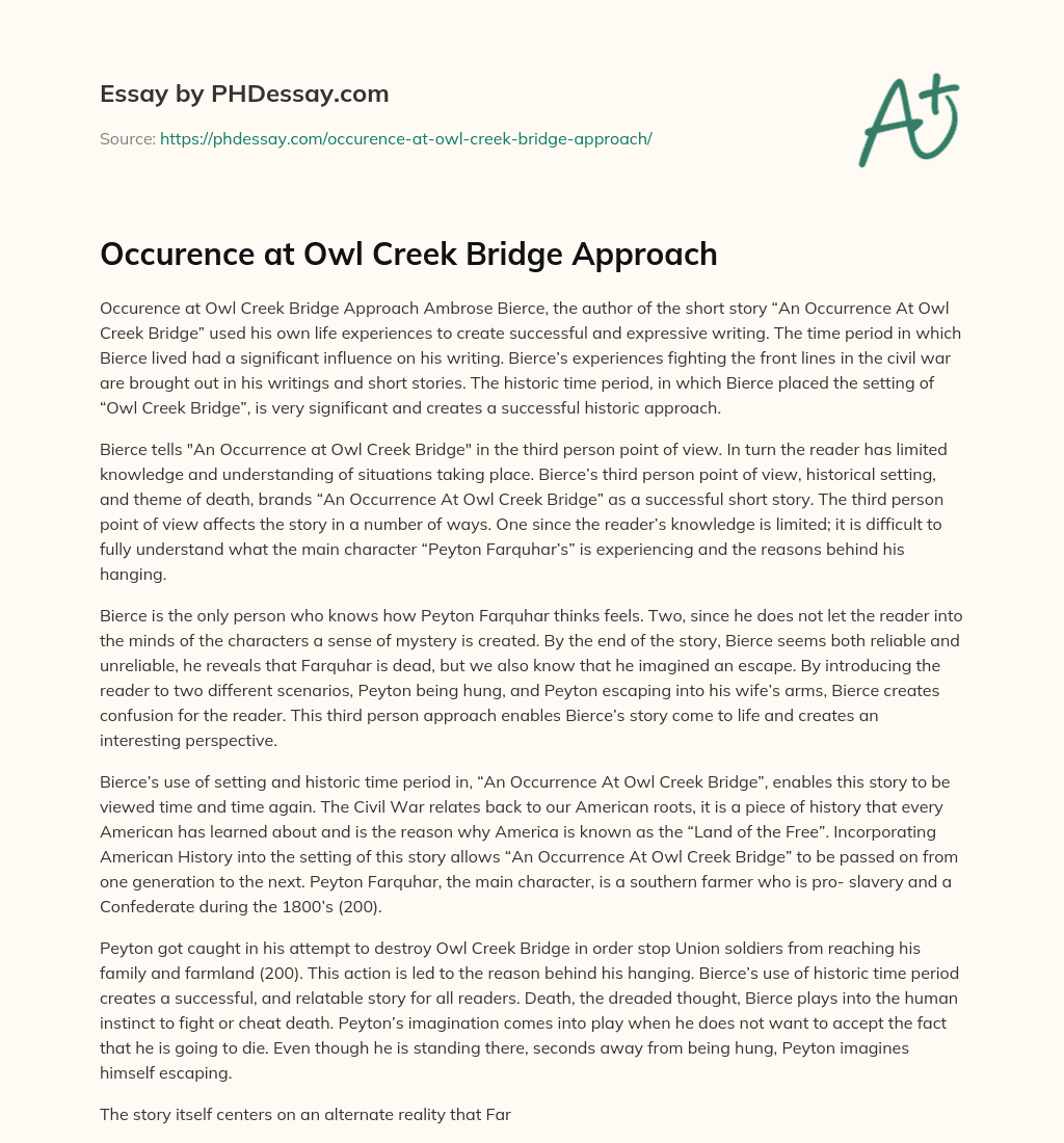 Occurence at Owl Creek Bridge Approach - PHDessay.com