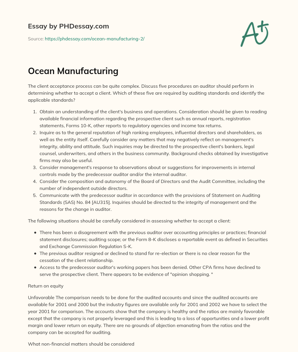 Ocean Manufacturing - PHDessay.com