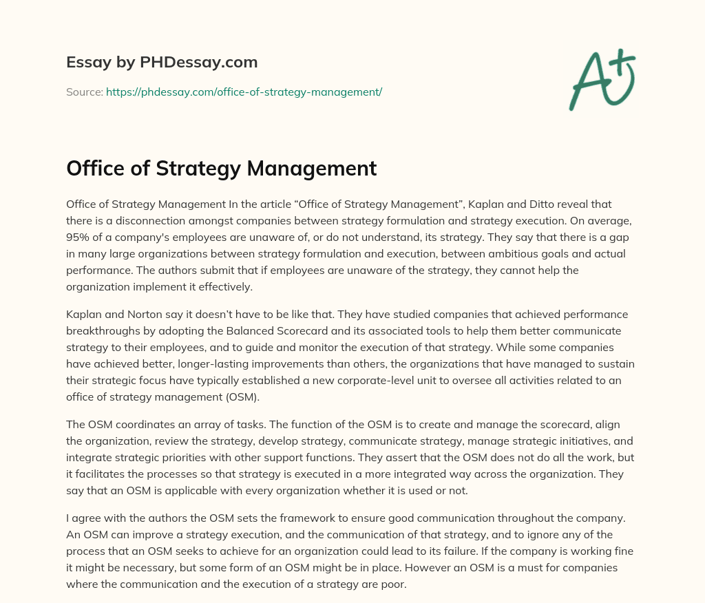 Office of Strategy Management (300 Words) - PHDessay.com