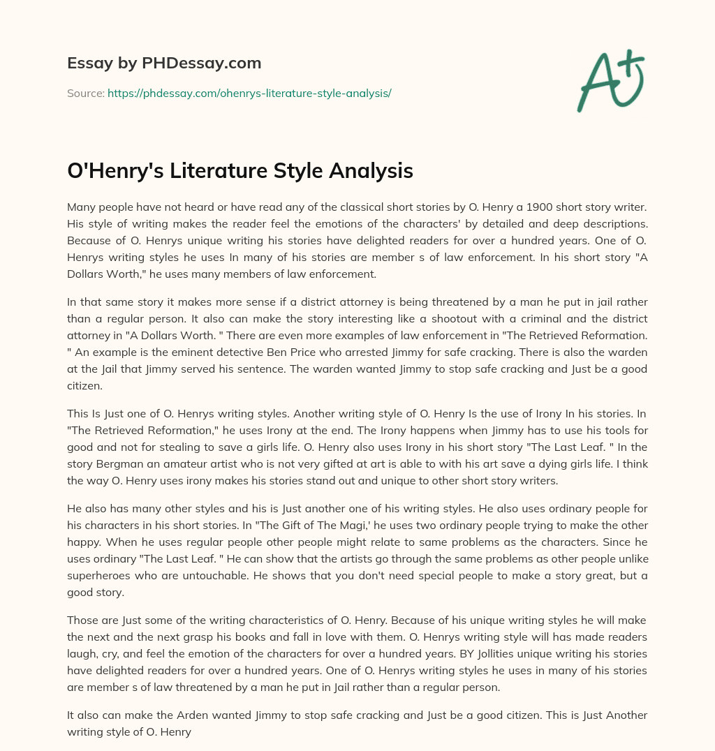 O'Henry's Literature Style Analysis (600 Words) - PHDessay.com