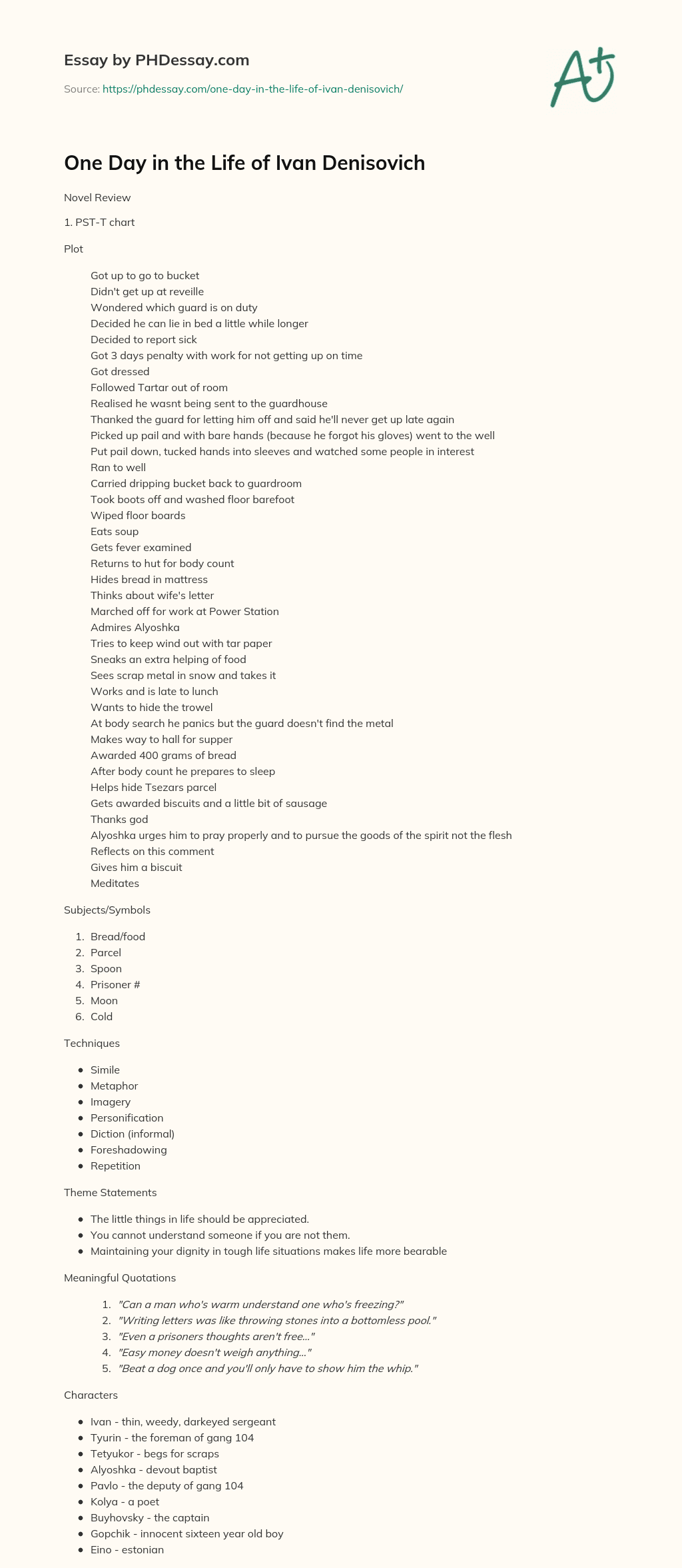 One Day in the Life of Ivan Denisovich - PHDessay.com