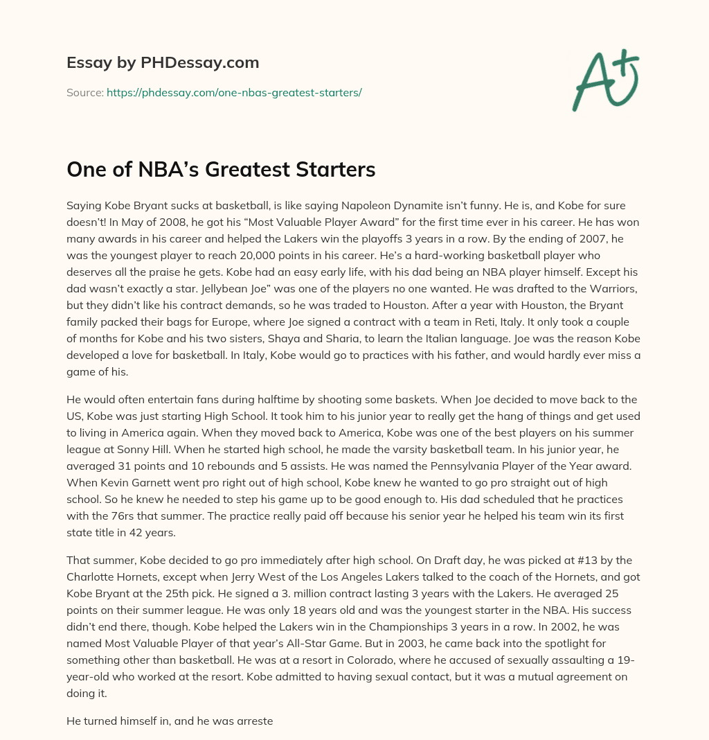 One of NBA’s Greatest Starters - PHDessay.com
