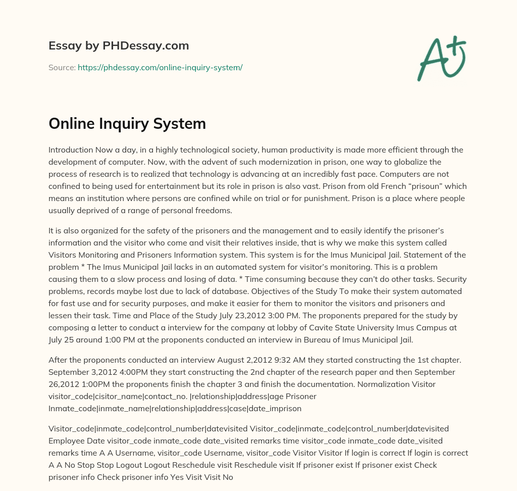 Online Inquiry System (400 Words) - PHDessay.com