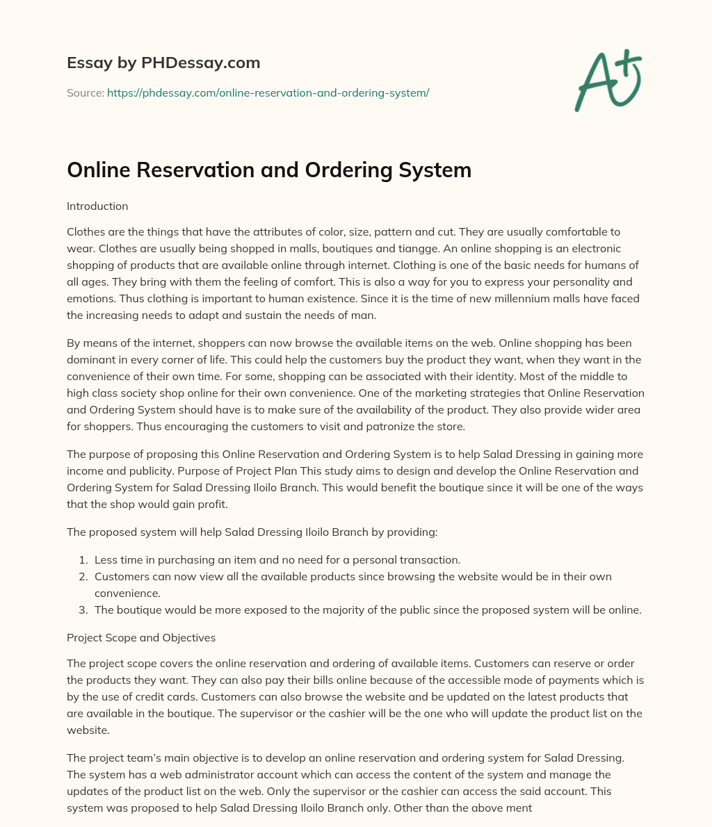 Online Reservation and Ordering System - PHDessay.com