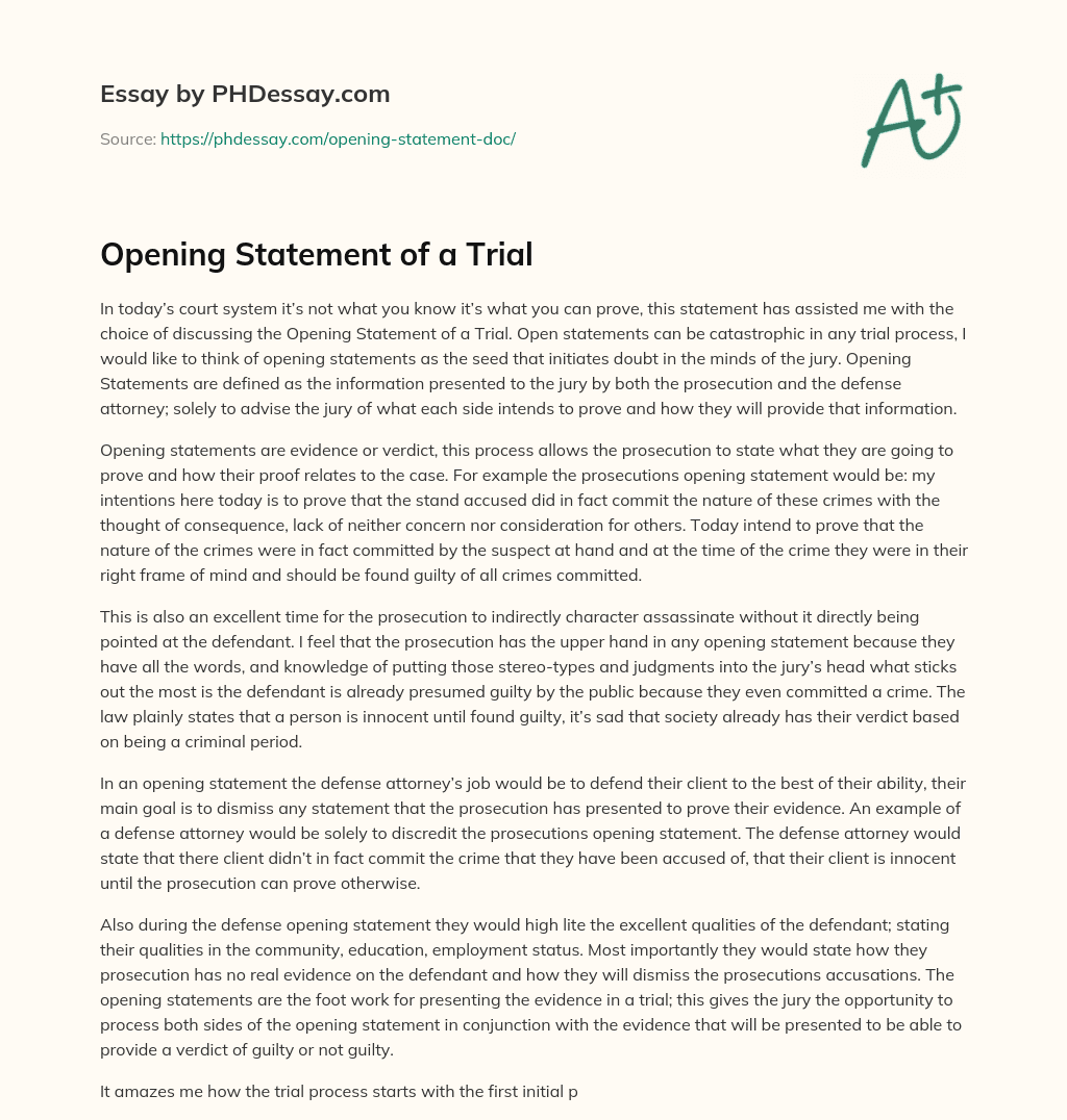 Opening Statement of a Trial (600 Words) - PHDessay.com