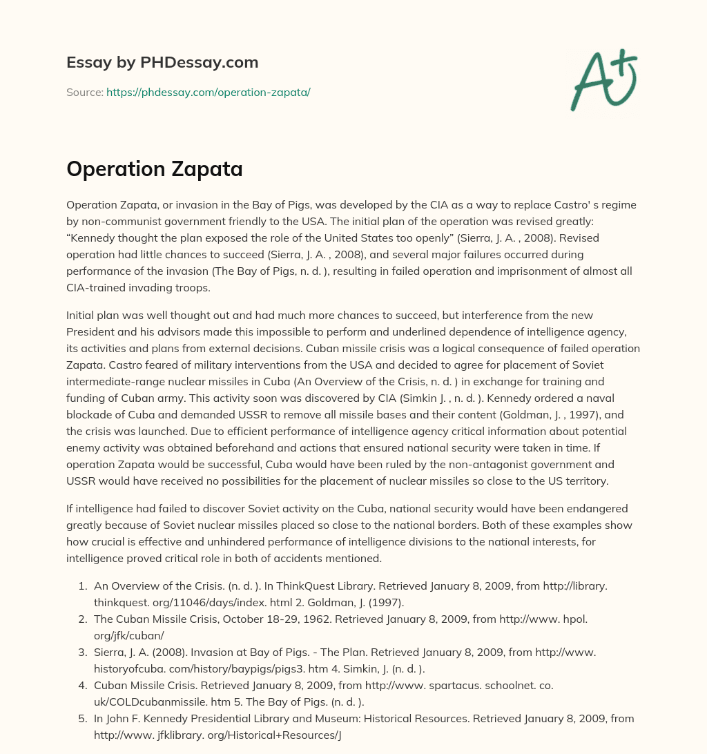 Operation Zapata (500 Words) - PHDessay.com