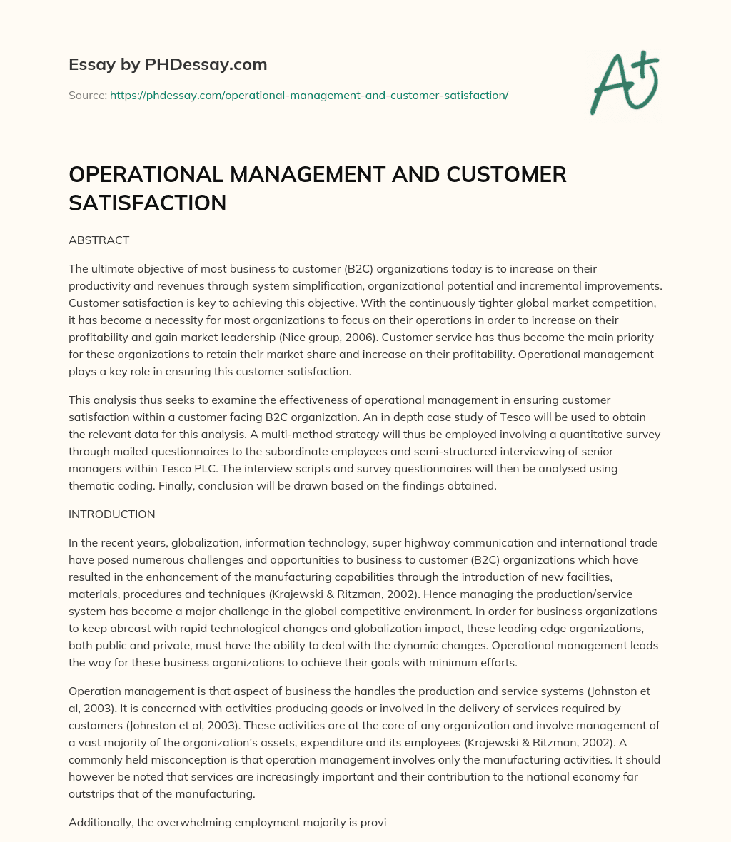 OPERATIONAL MANAGEMENT AND CUSTOMER SATISFACTION - PHDessay.com