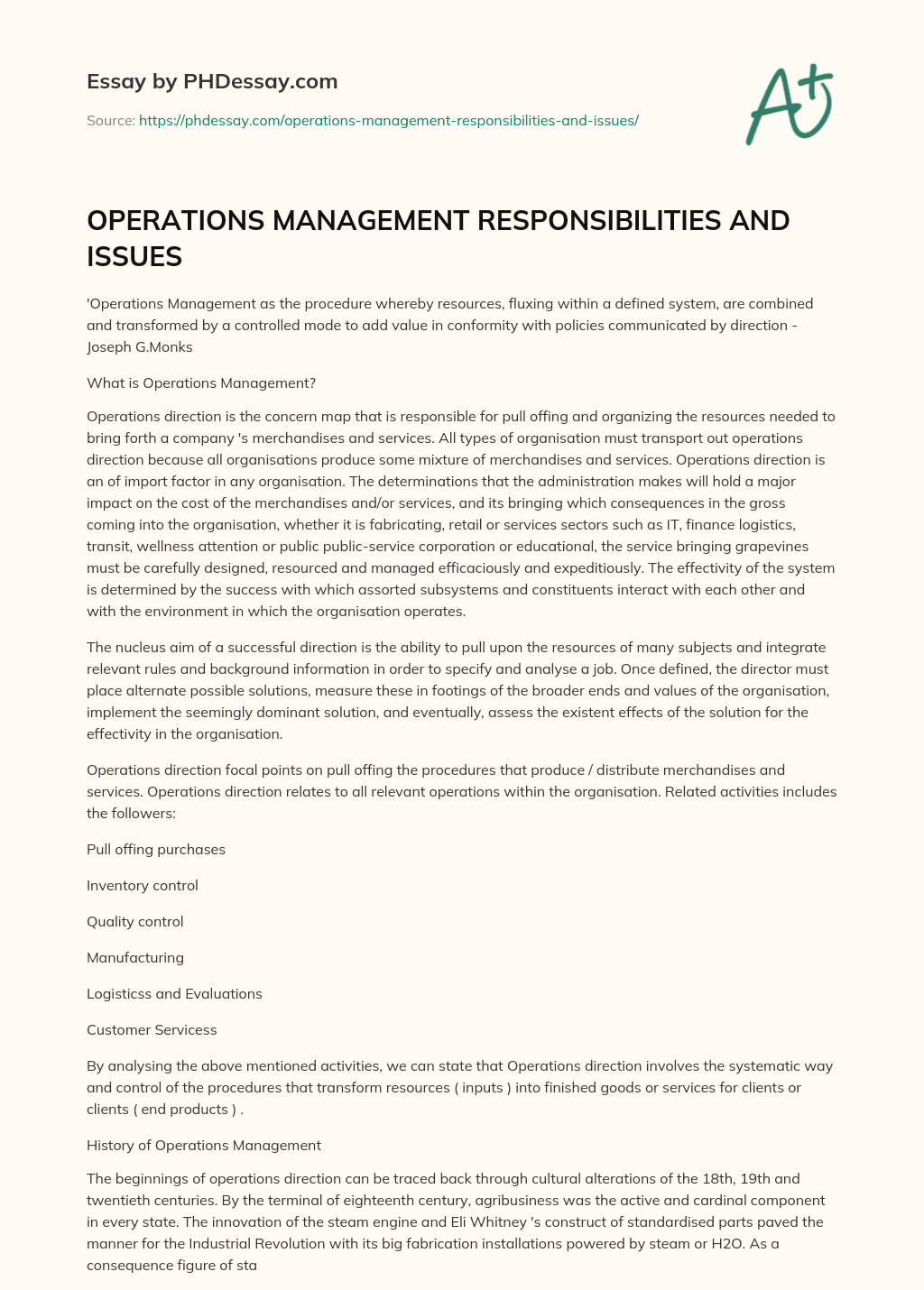 OPERATIONS MANAGEMENT RESPONSIBILITIES AND ISSUES - PHDessay.com