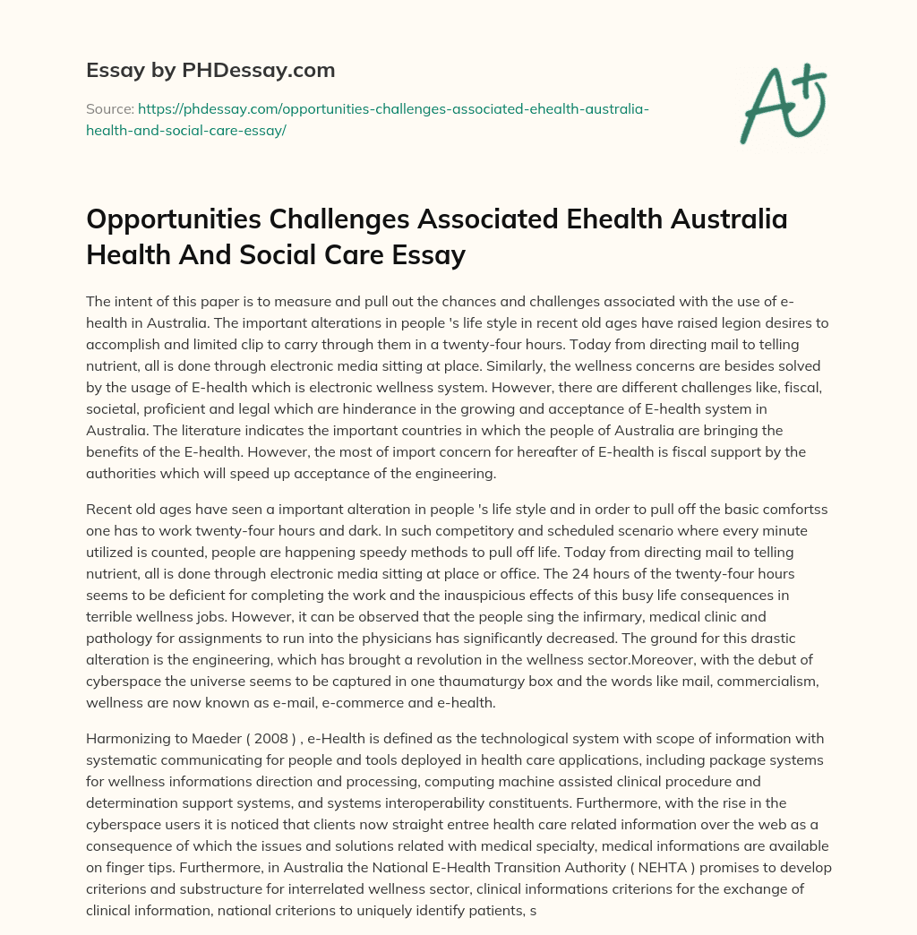 Opportunities Challenges Associated Ehealth Australia Health And Social ...
