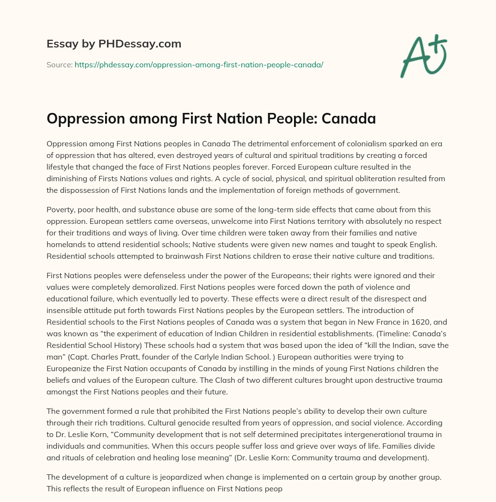 Oppression among First Nation People: Canada - PHDessay.com