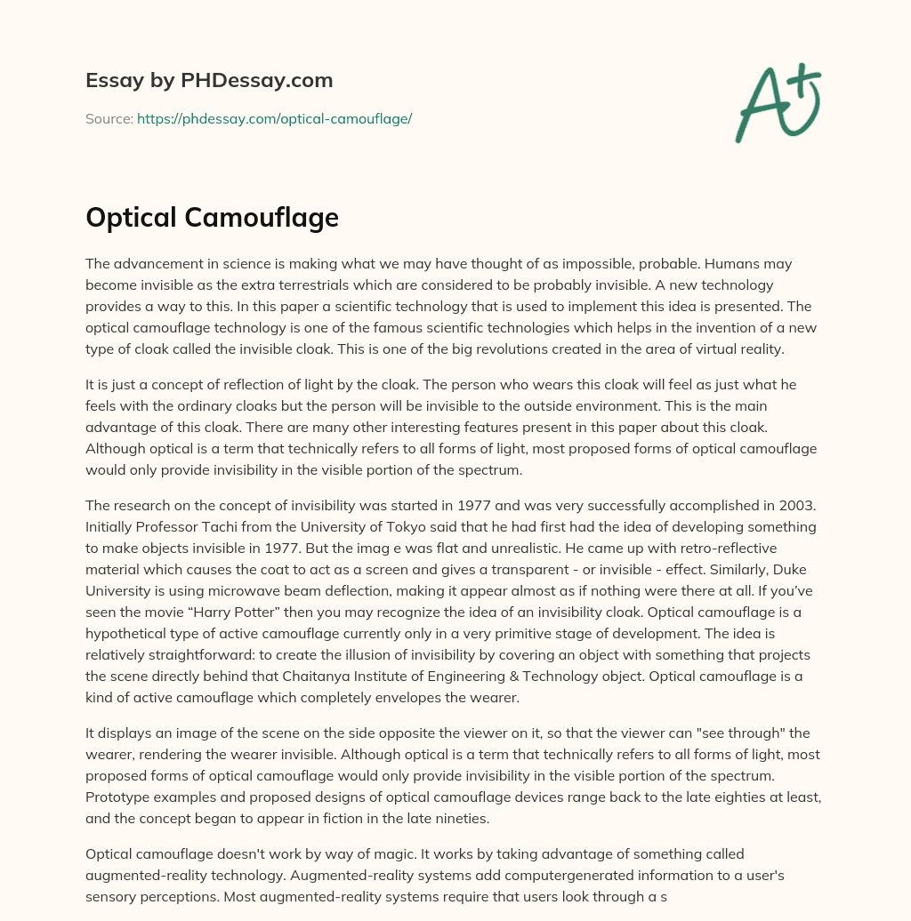 Optical Camouflage Analysis Essay Example (600 Words) - PHDessay.com