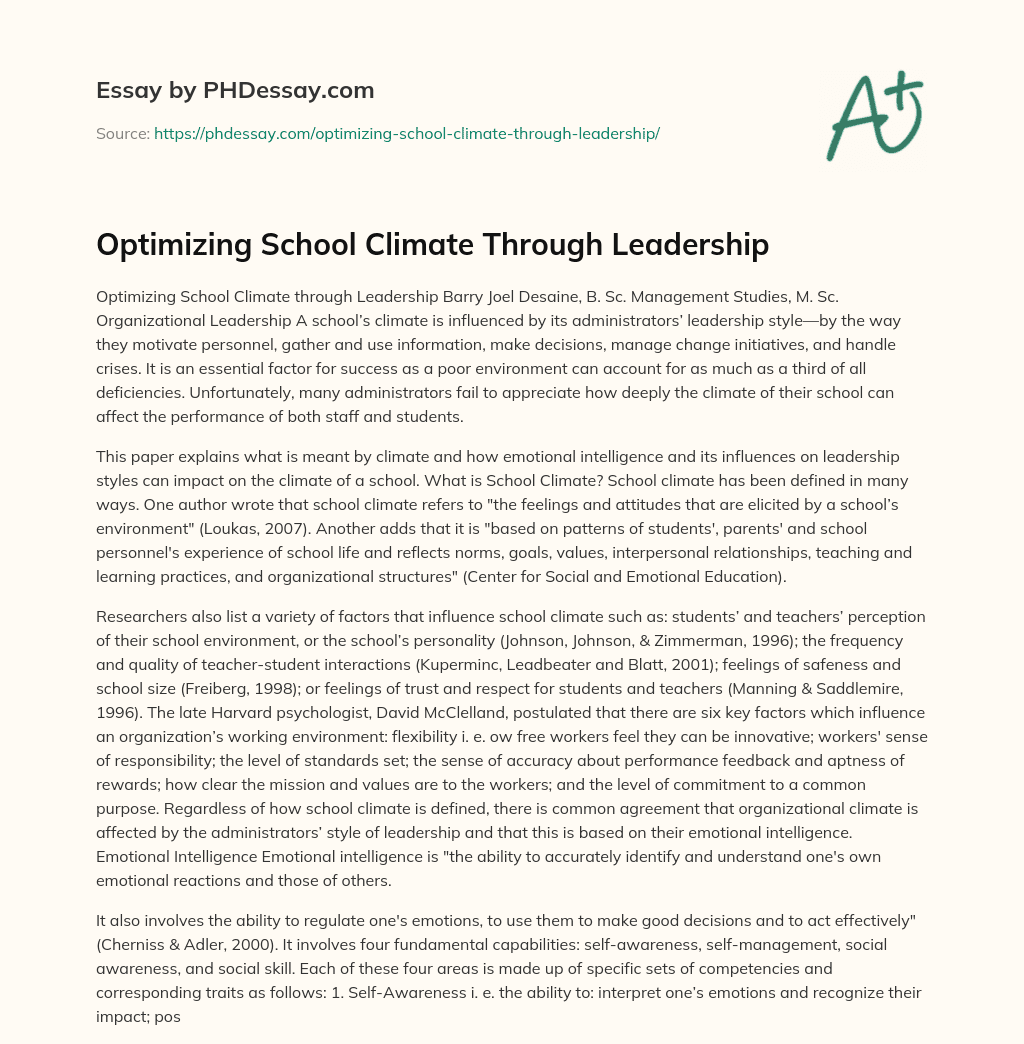 Optimizing School Climate Through Leadership - PHDessay.com