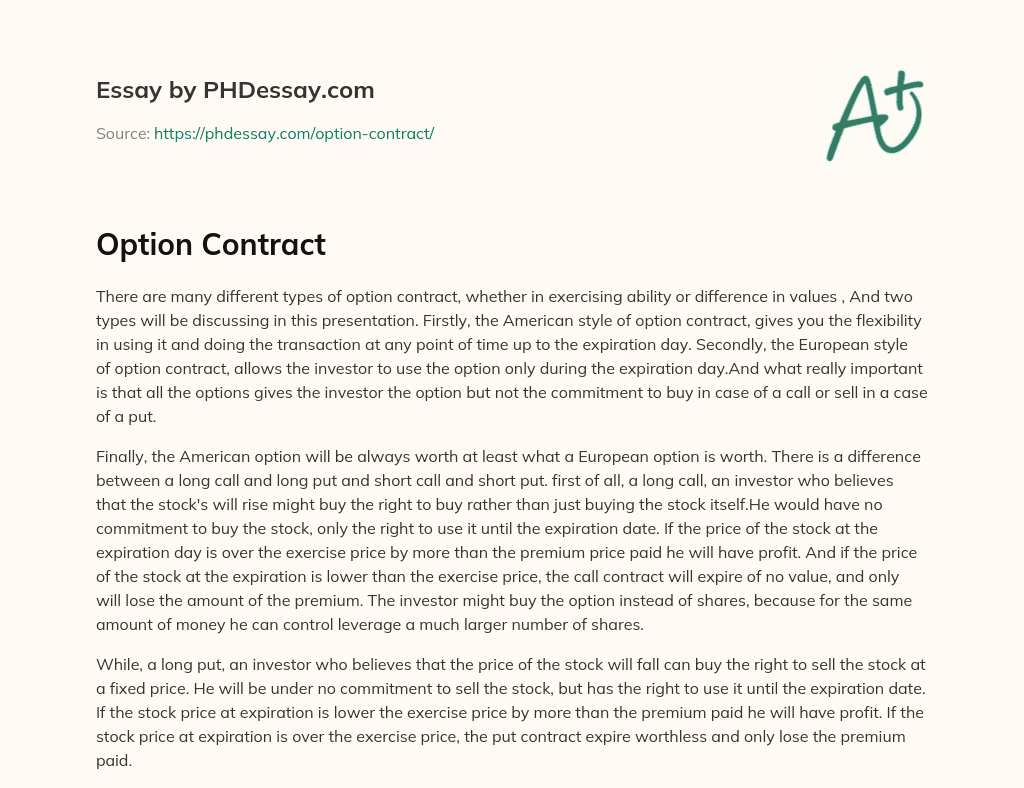 Option Contract (400 Words) - PHDessay.com