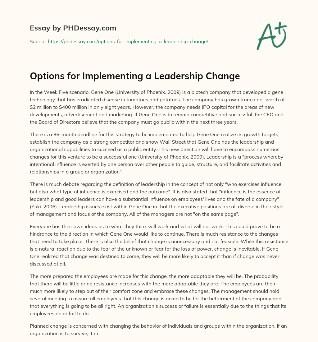 Options for Implementing a Leadership Change - PHDessay.com