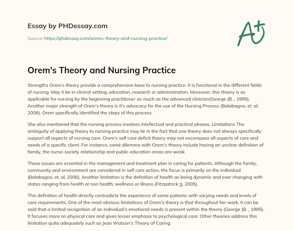 Orem'S Theory And Nursing Practice Example (300 Words) - PHDessay.com