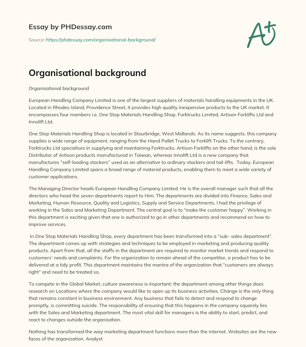 Organisational background - PHDessay.com