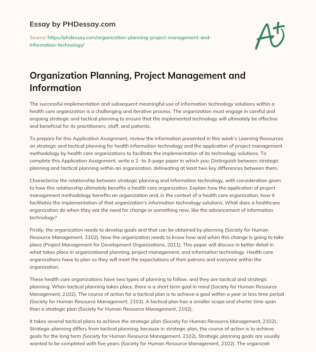 Organization Planning, Project Management and Information - PHDessay.com