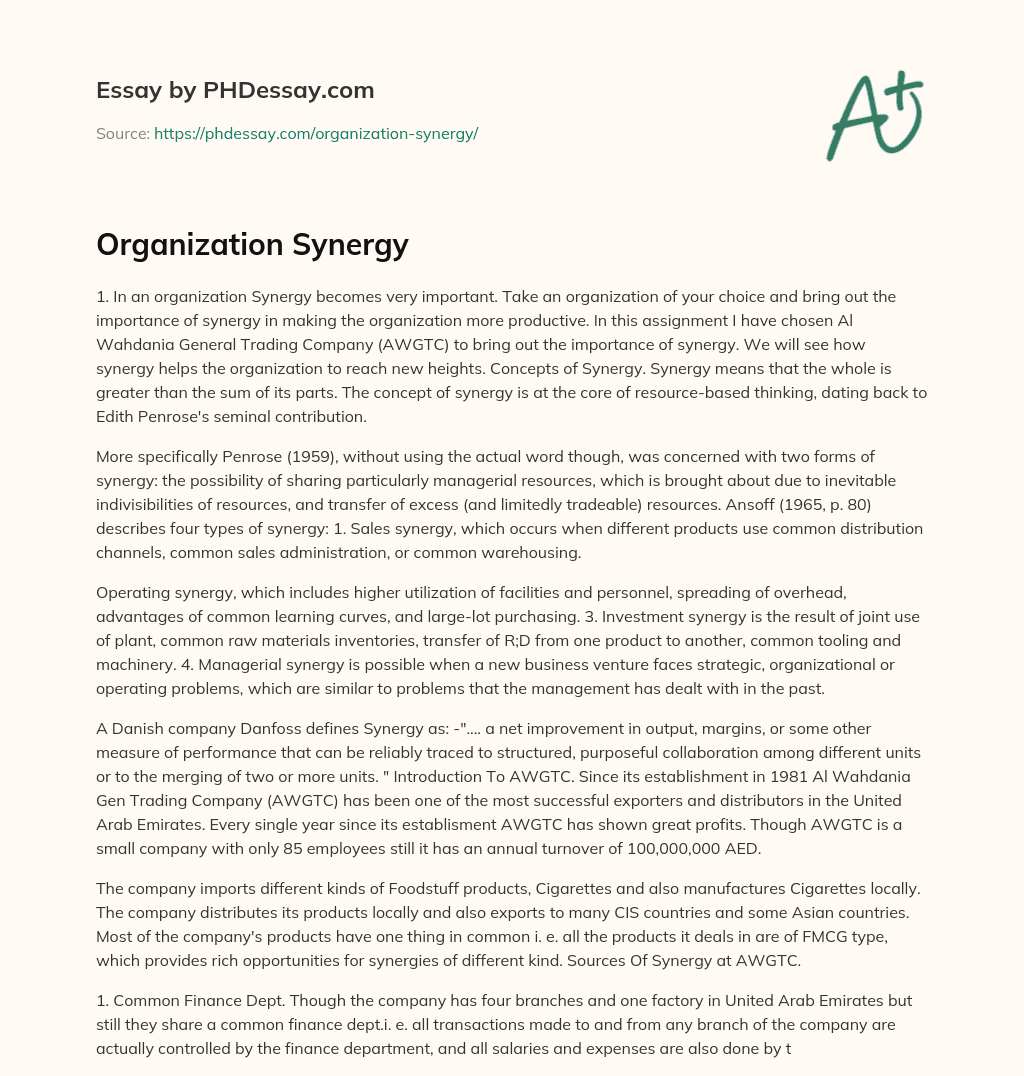 Organization Synergy - PHDessay.com