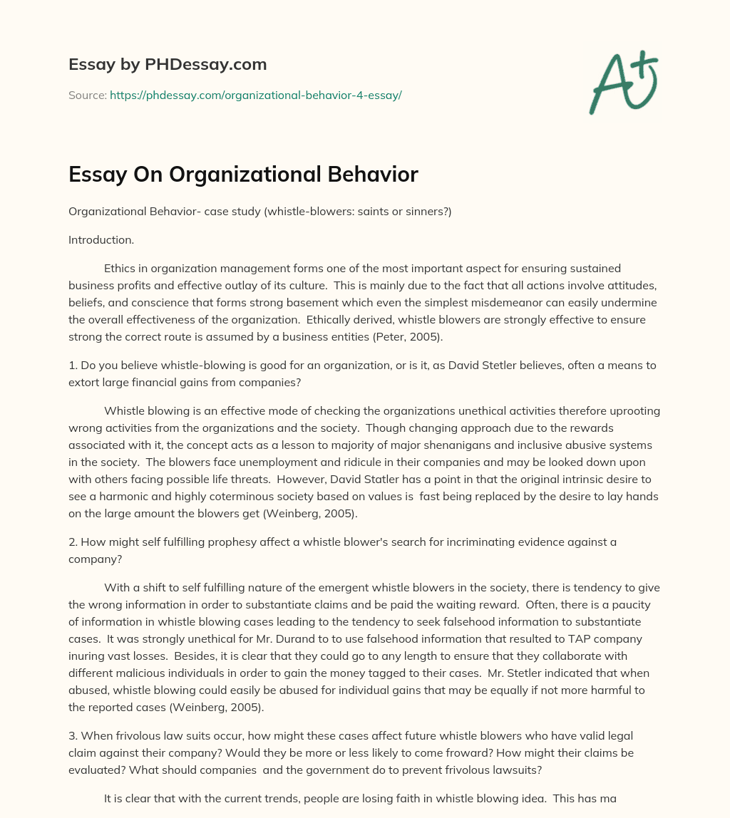 Essay On Organizational Behavior - PHDessay.com