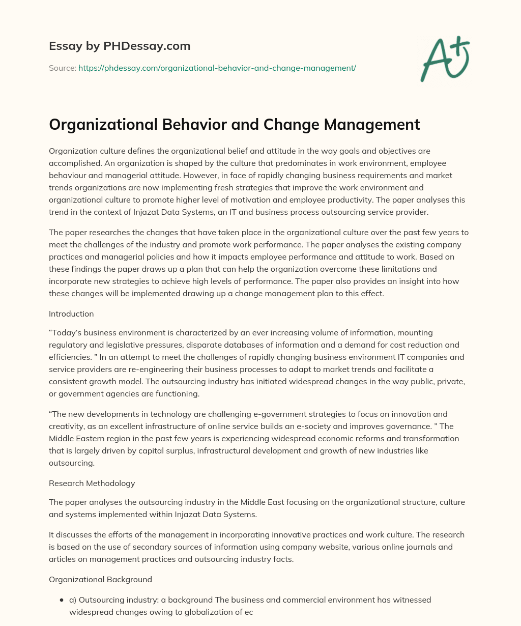 Organizational Behavior and Change Management - PHDessay.com