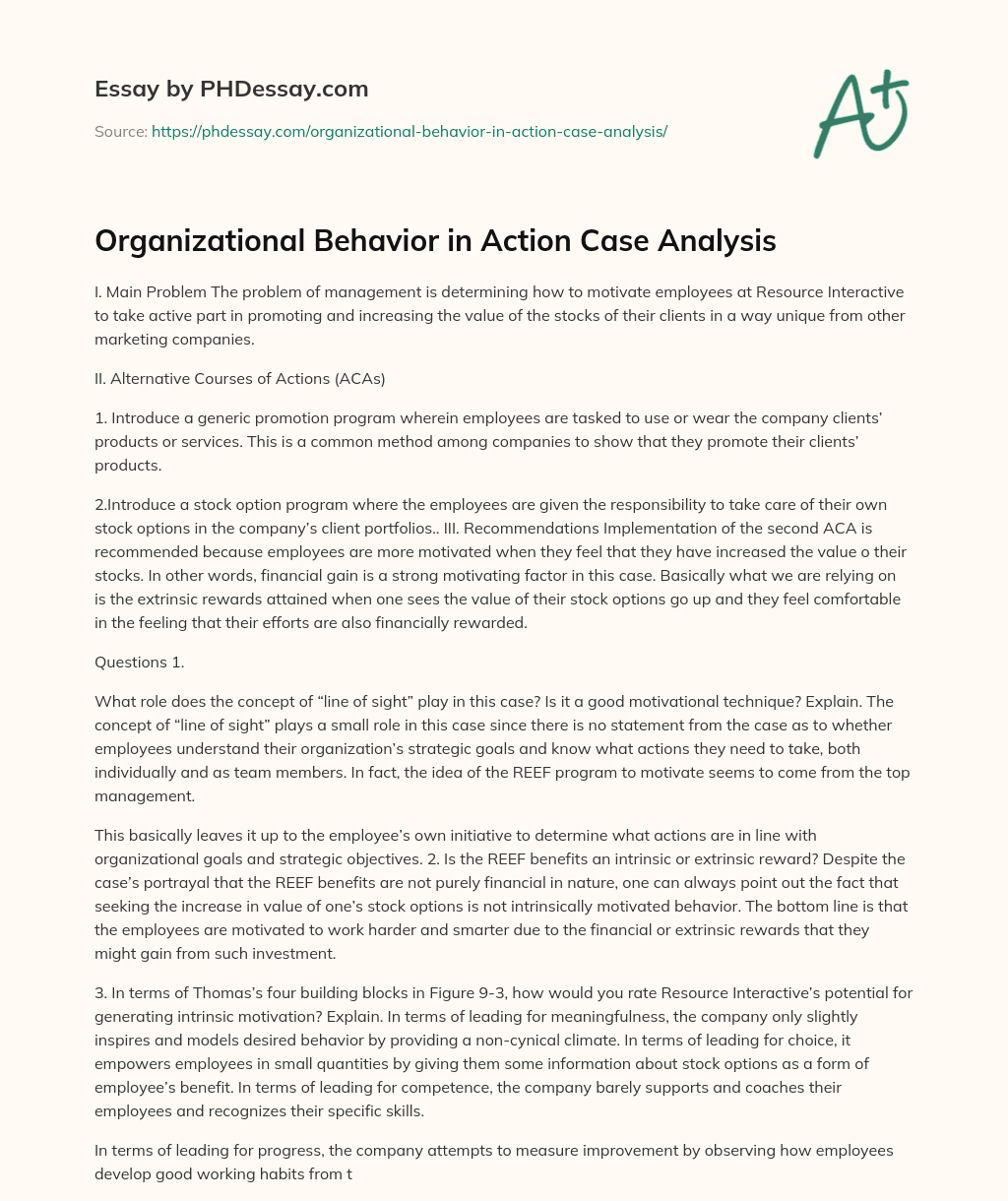 Organizational Behavior in Action Case Analysis - PHDessay.com