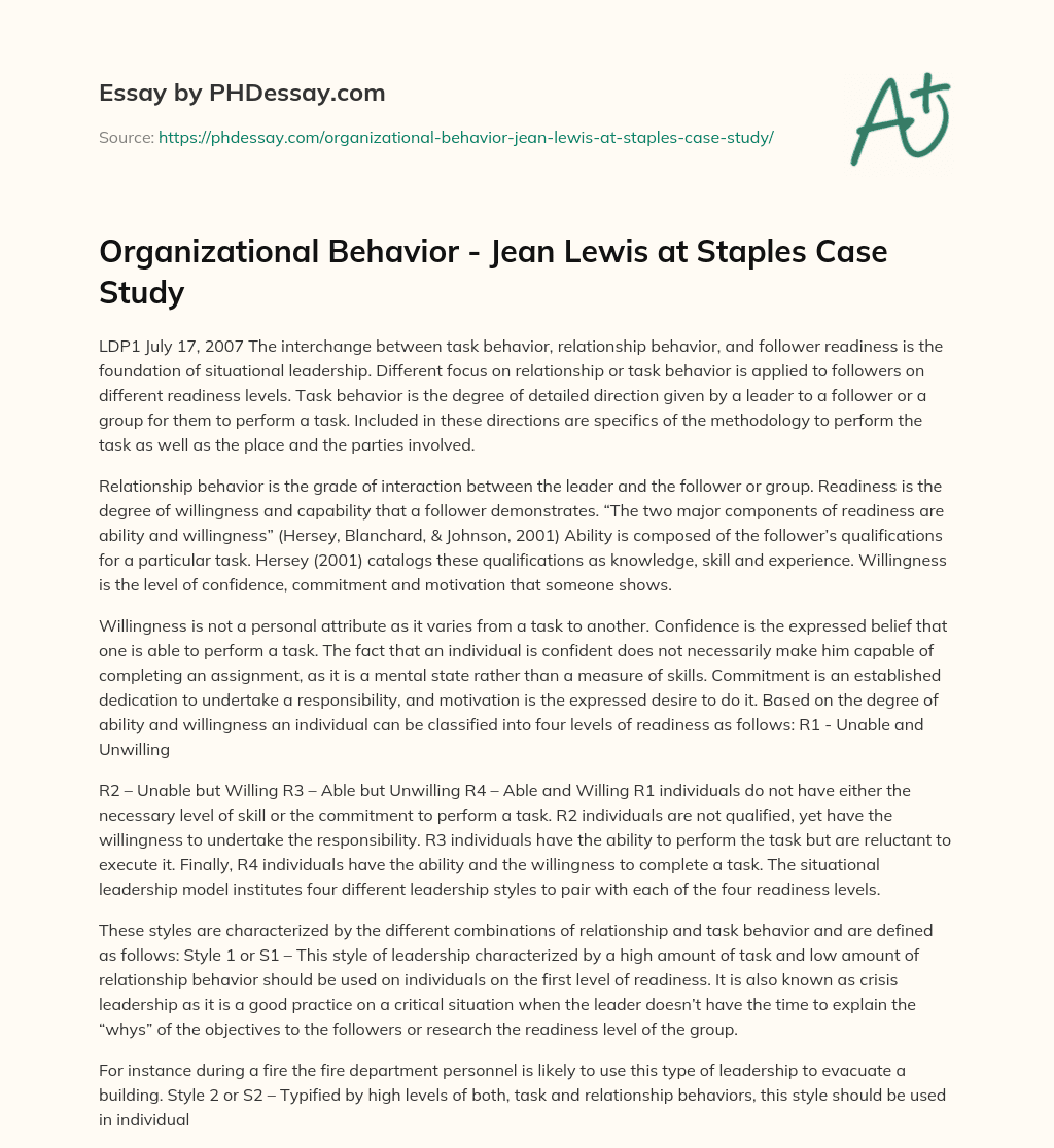 Organizational Behavior - Jean Lewis at Staples Case Study - PHDessay.com