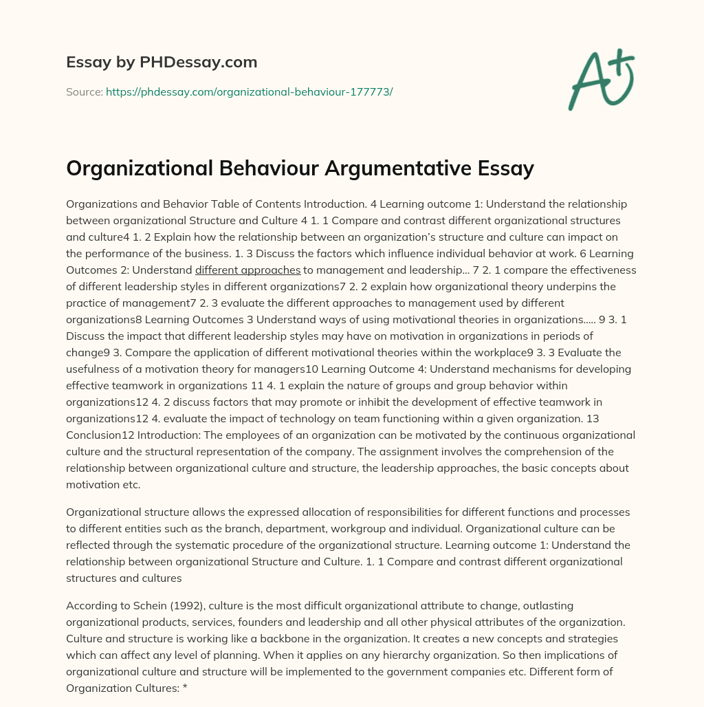 Organizational Behaviour Argumentative Essay - PHDessay.com