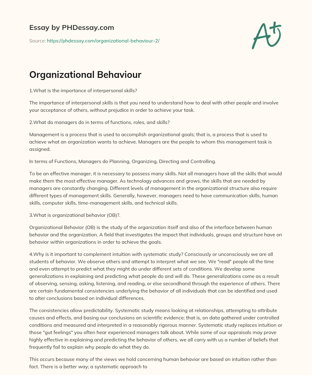 Organizational Behaviour - PHDessay.com