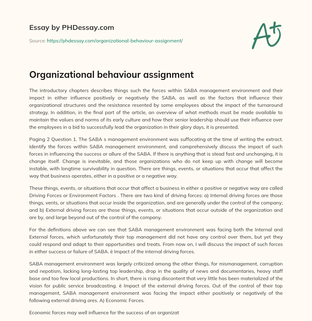 Organizational behaviour assignment - PHDessay.com
