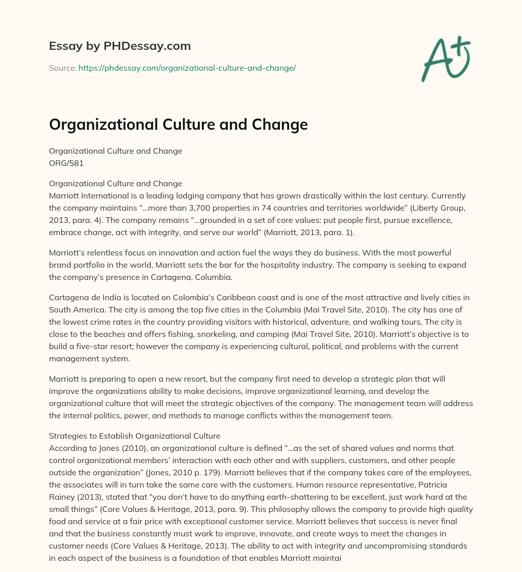 Organizational Culture and Change - PHDessay.com