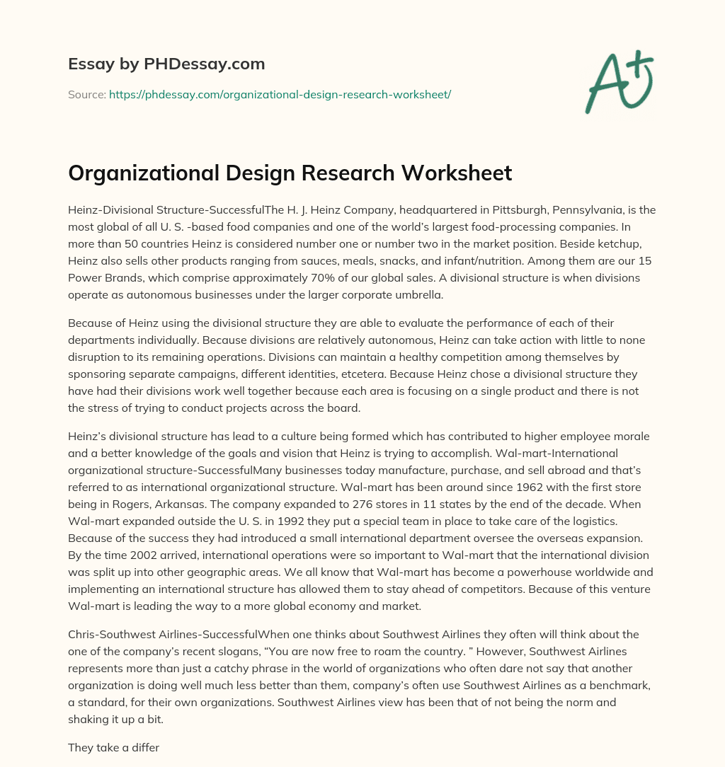 Organizational Design Research Worksheet - PHDessay.com