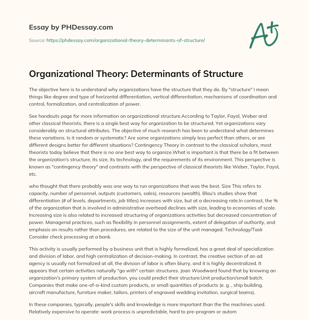 Organizational Theory: Determinants of Structure - PHDessay.com