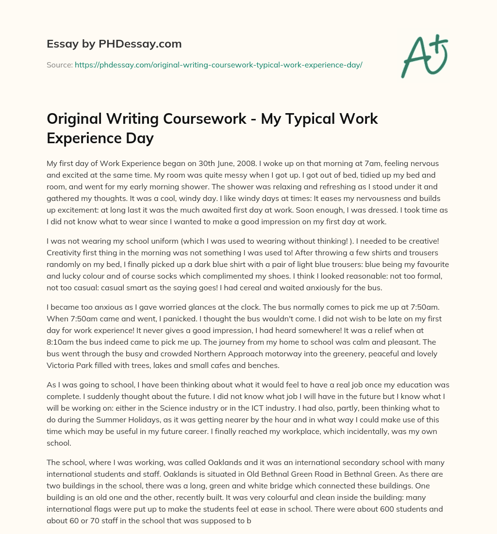 Original Writing Coursework - My Typical Work Experience Day - PHDessay.com
