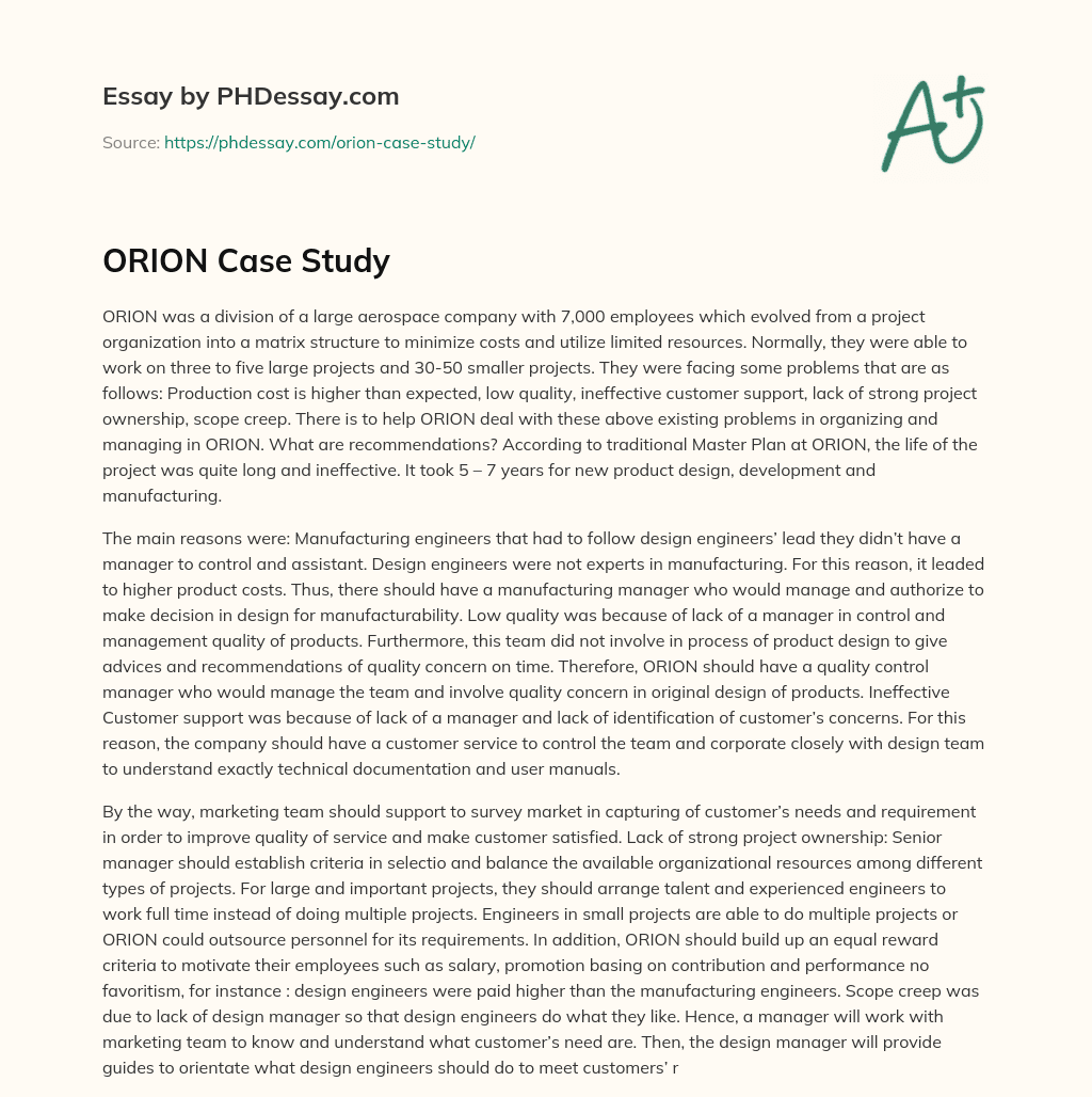 ORION Case Study - PHDessay.com