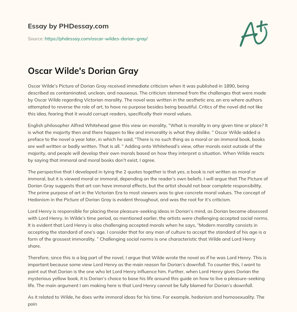 Oscar Wilde's Dorian Gray - PHDessay.com