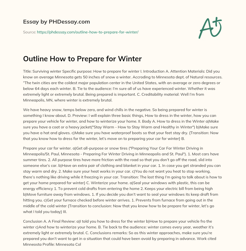 Outline How to Prepare for Winter (600 Words) - PHDessay.com